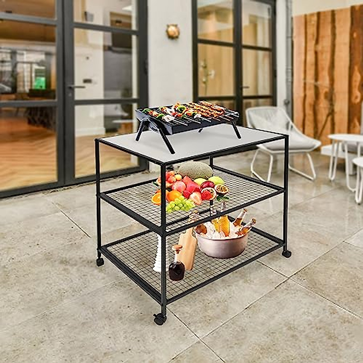 YETINGSHOP Three-Shelf Movable Food Prep and Work Cart Table Stainless Steel Grill Cart Cart Modular Table Suitable for Camping, Indoor and Outdoor, Dining Tables (Without a Handle)