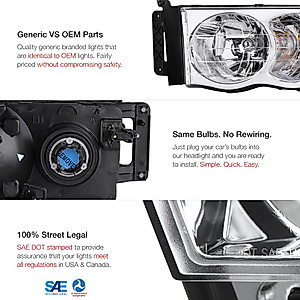 VIPMOTOZ Chrome Housing OE-Style Headlight Headlamp Assembly For 2002-2005 Compatible with Dodge RAM 1500 2500 3500 Pickup Truck, Driver & Passenger Side