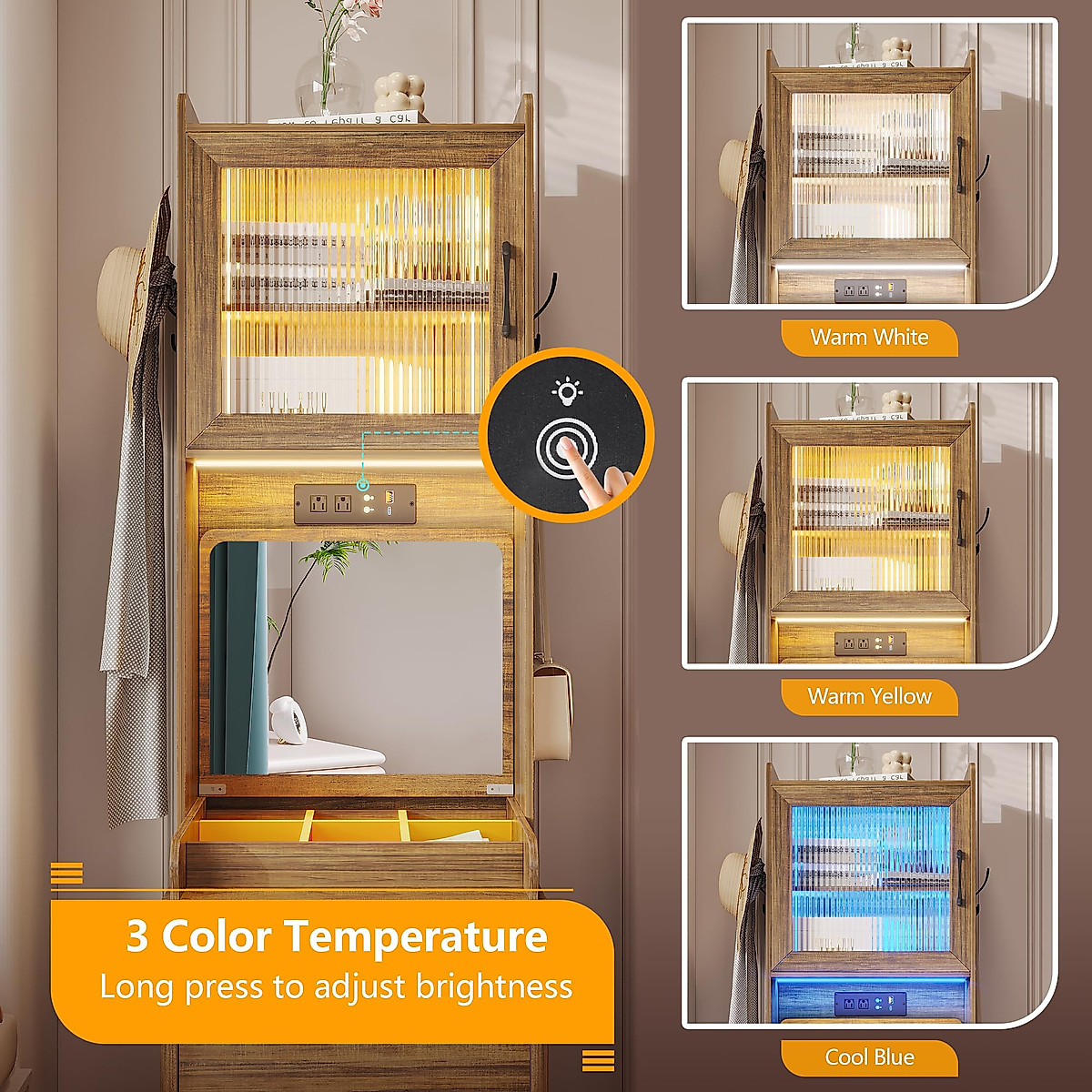 Vlsrka 70" H Vanity Desk with Flip Top Mirror, Small Vanity Desk with Mirror and Lights, Compact Vanity with Hidden Chair, Drawers, Power Outlet, Vanity Dressing Table for Small Spaces, Brown