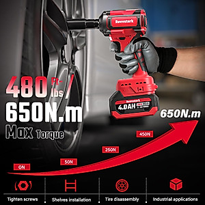 Revvstark Impact Wrench, Max Torque 480 Ft-lbs / 650N.m Cordless 1/2 Impact Driver, 20V 3000RPM Power Impact Gun with 4.0Ah Li-ion Battery and 1.5H Fast Charger, 5 Pcs Impact Sockets Included