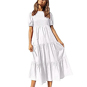 LOGENE Women Short Sleeve Crew Neck Smocked Elastic Waist Tiered Maxi Dress Summer Boho Solid Color Sun Dresses-484-baise-L