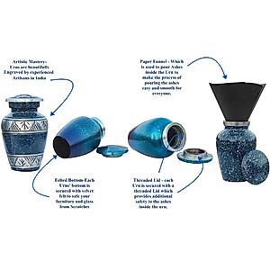 THE ASCENT MEMORIAL Blue Small Urns for Human Ashes Female Male | Set of 4 Premium Mini Keepsake Urns with Four Velvet Bags A Paper Funnel and A Stunning Magnet Closer Gift Box