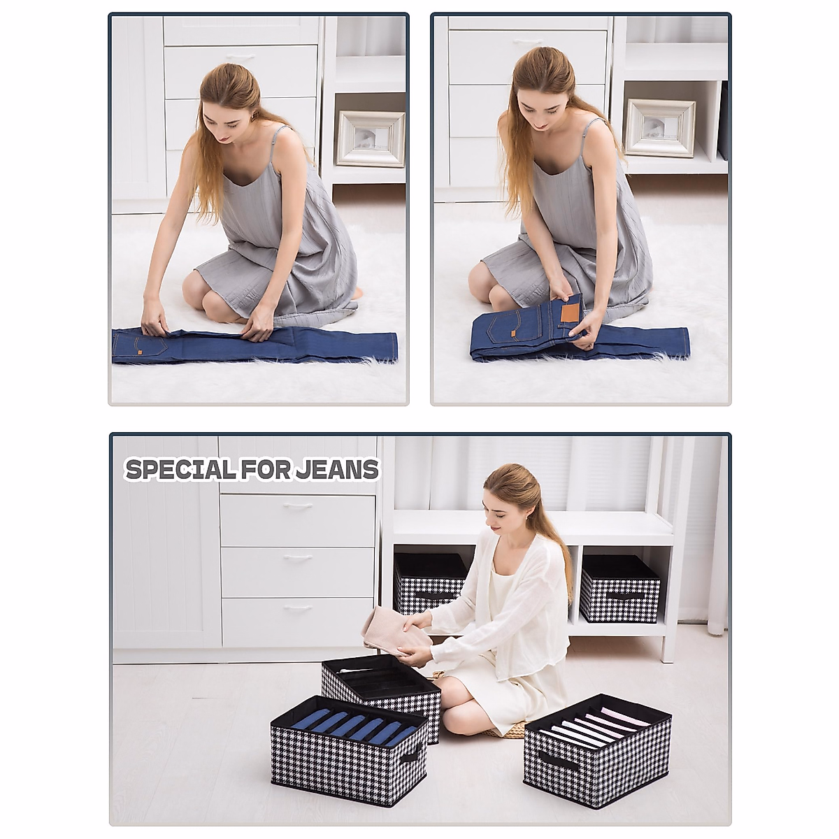 MYTHAUS 3 Pack Large Wardrobe Clothes Organizer, 6 Grid Closet Organizer for Jeans, Pants, T-Shirts, Underwear, Scarf, Foldable Fabric Drawer Organizer Storage Bin with Dual Handles, Black and White