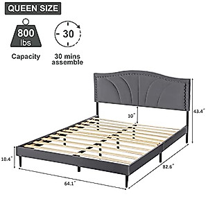 AsKmore Queen Size Bed Frame,Velvet Upholstered Platform Bed with Decorative Flower Line & Nailhead Trim Headboard with Wood Slat Support,No Box Spring Needed，Easy Assembly, Grey