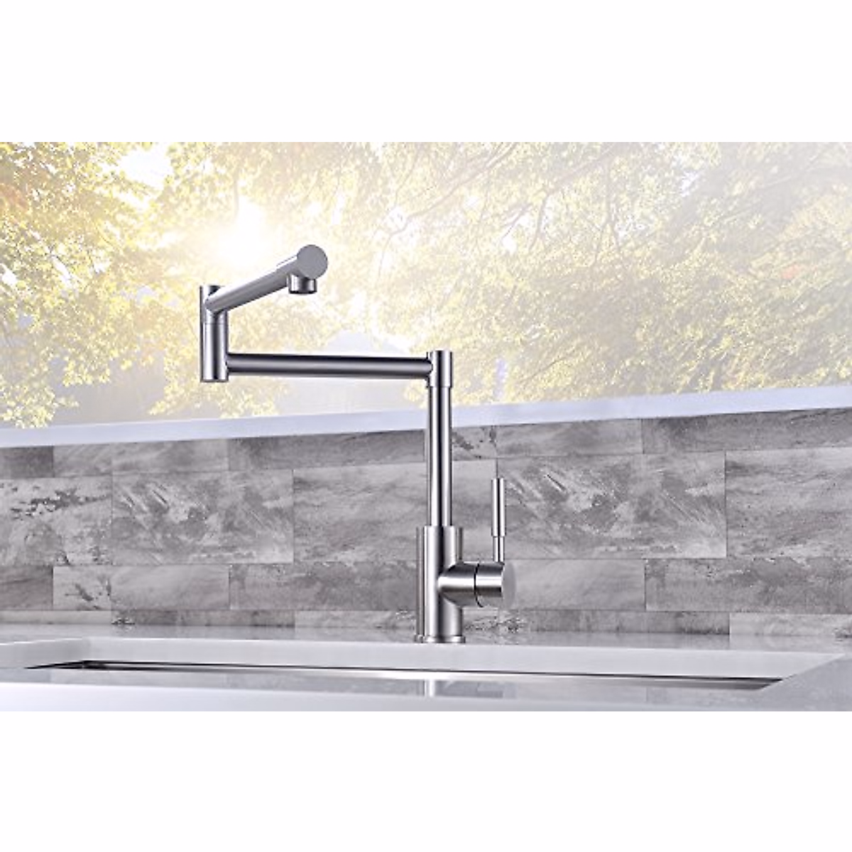 Heouty Modern Single Handle 2 Joints Free Rotating SUS304 Stainless Steel Pot Filler Faucet, Brushed Nickel Deck Mounted Kitchen Sink Faucet