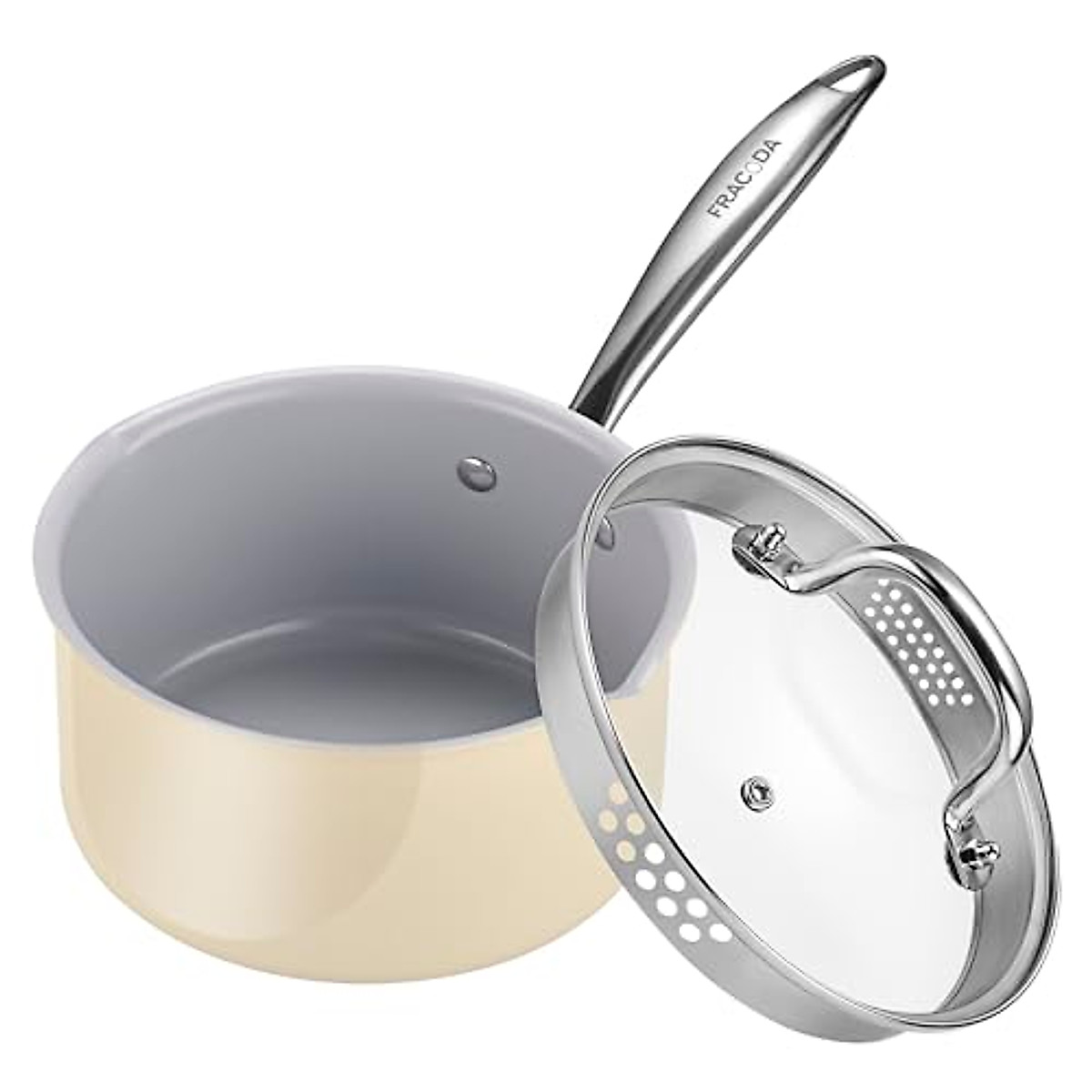 Fracoda 2 Quart Nonstick Sauce Pan with Lid, Ceramic Saucepan Small Cooking Pot Non Toxic, PTFE & PFOA Free - Oven Safe & Compatible with All Stovetops (Gas, Electric & Induction)-Cream