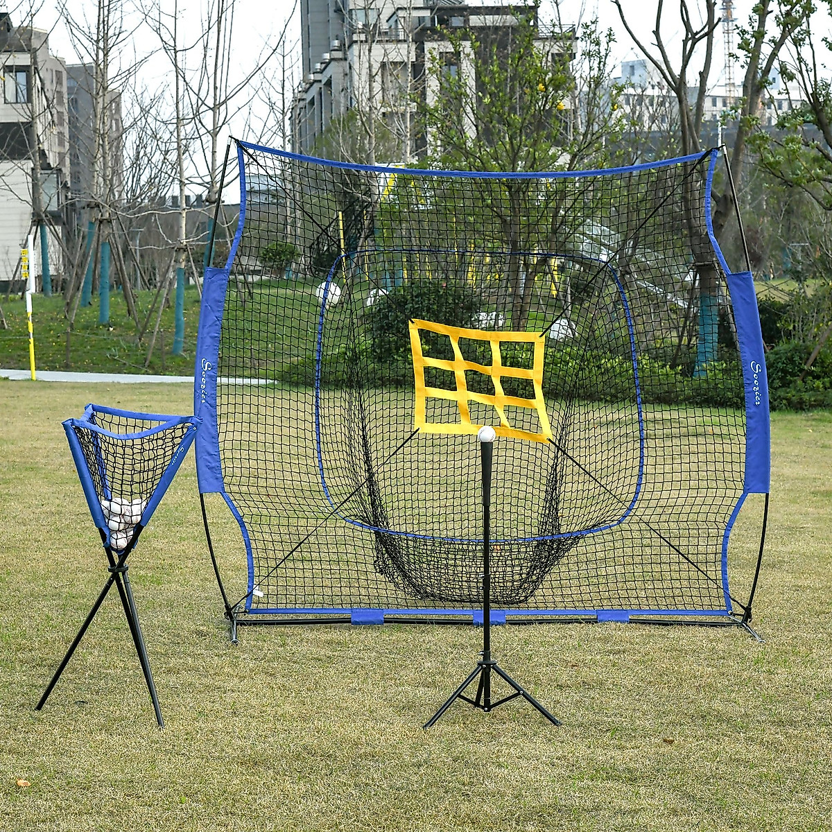 Soozier Baseball Practice Net Set with 7.5x7ft Catcher Net, Ball Caddy and Batting Tee, Portable Baseball Practice Equipment with Carry Bag for Hitting, Pitching, Batting, Catching, Blue