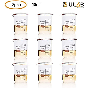 ULAB Scientific Glass Beakers Shot Glass, Vol. 50ml, 3.3 Borosilicate Griffin Low Form with Printed Graduation, Pack of 12, UBG1013