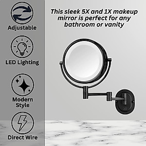 JERDON Wall-Mounted Black Makeup Mirror with LED Lighting - 5X-1X Magnification & 14” Extension - Direct Wire - Model HL65BKD