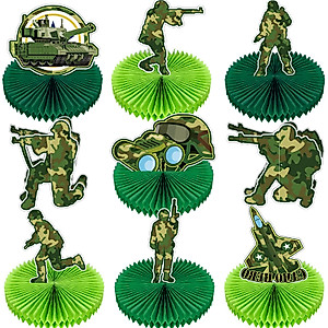 9 Pack Army Party Decorations Army Military Honeycomb Centerpieces Tank Camouflage Party Supplies Green Soldiers Table Topper Photo Props for Boy Girl Soldier Camouflage Baby Shower Party