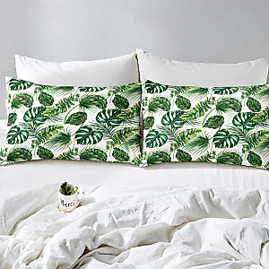 Erosebridal Palm Leaves Comforter Cover Hawaiian Duvet Cover Monstera Banana Leaves Bedspread Cover Queen Size Summer Tropical Leaves Bedding Set for Living Room Bedroom Decor, Green White