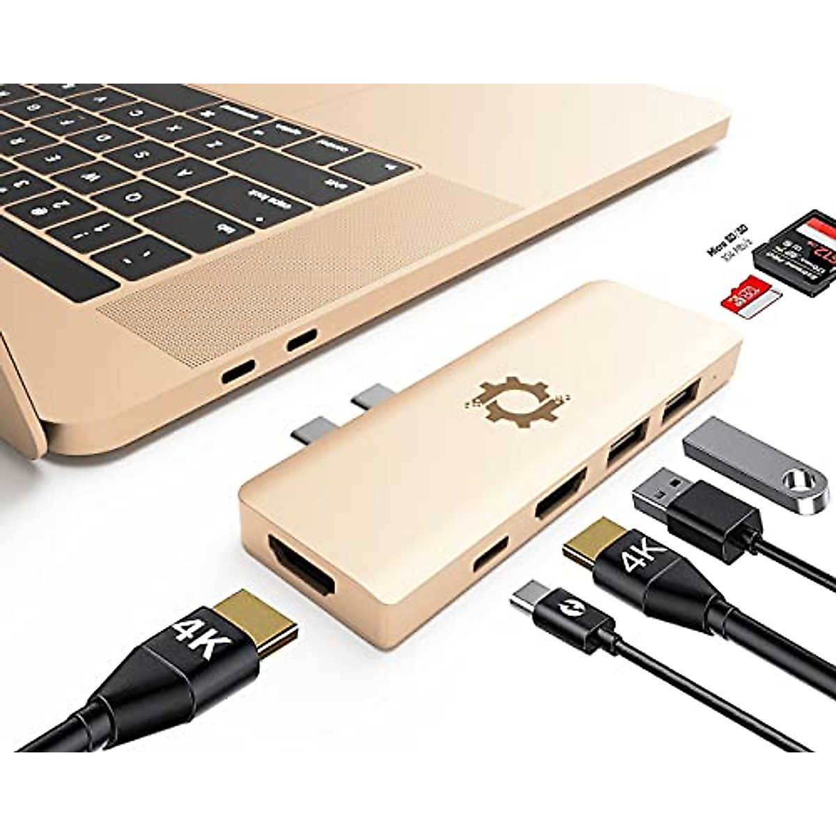 NOV8Tech USB C Hub Dual 4K HDMI Triple Display USB Hub 3.0 Adapter for MacBook Pro 2020/2019/2018/2017/2016 & MacBook Air 2020-2018, 7 in 2 Gold 100W USB C Dock, SD & Micro SD Reader, USB 3 & USB 2