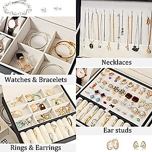 SIMBOOM Jewelry Box for Women Girls, 2 Layer Jewelry Organizer with Lock, Jewelry Storage Case with Removable Tray, PU Leather Display Jewelry Holder for Necklace Earrings Rings Bracelets, Black