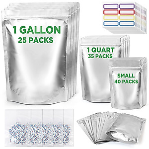Food Container Storage Mylar Bags, 100 Pcs with Oxygen Absorbers and Labels, Resealable Ziplock Bags for Heat Sealable, 3 Sizes (Gallon, Quart, Small), Thick 8.6 Mil