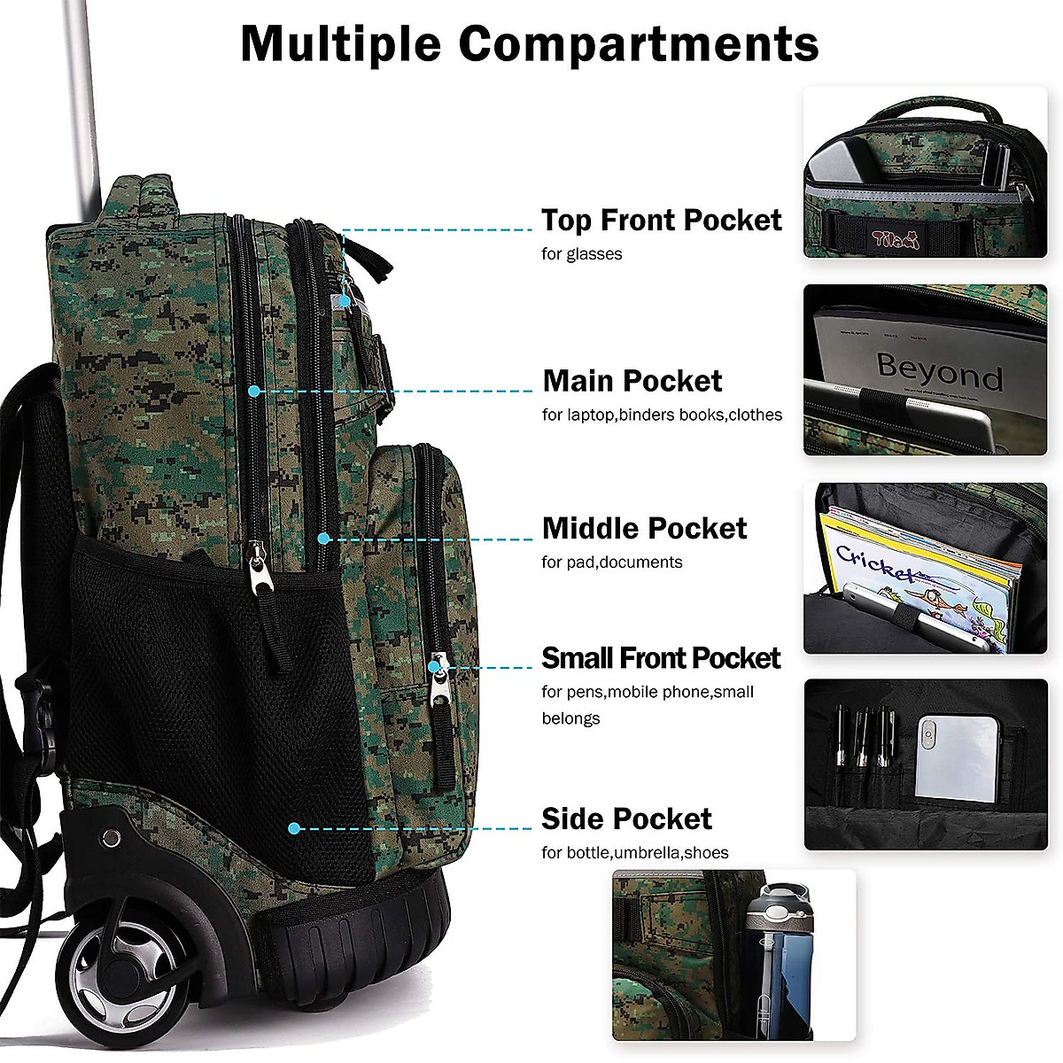 Tilami Rolling Backpack 18 inch with Pencil Case Wheeled Laptop Bag, camouflage