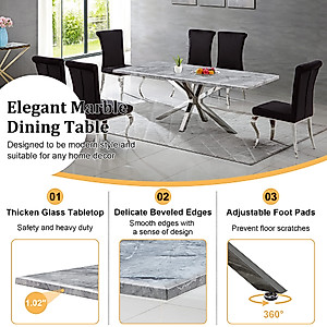 Pvillez Grey Marble Dining Table for 8-10 Person, 78" Rectangle Marble Top Dining Table with Gloss Silver Stainless Steel Pedestal Base, Mid Century Modern Dining Table for Kitchen Dining Room Dinner