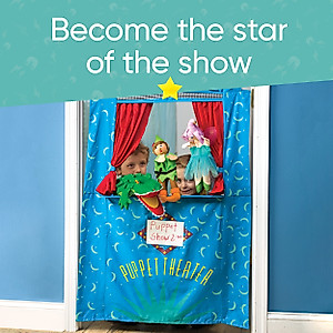 Hearthsong Hanging Doorway Puppet Theater, 47"L x 32"W, Adjustable Extended Rod, Foldable Shelf, Ages 4 and Up