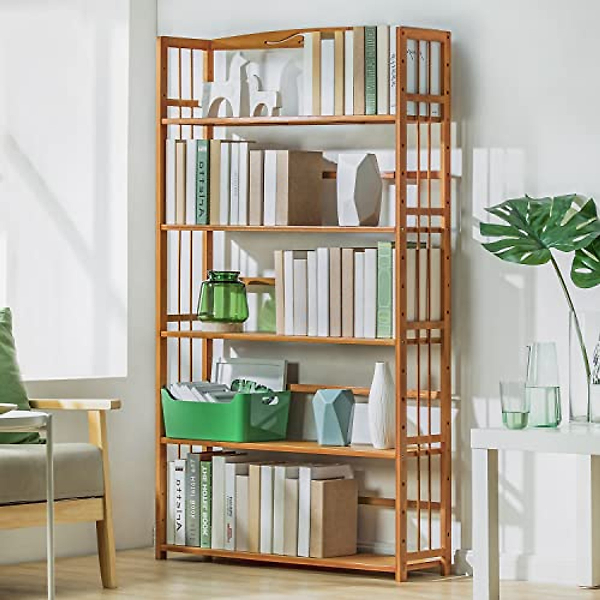 MoNiBloom Bamboo Wide 5-Tier Bookshelf Large Adjustable Bookcase Shelf Organizer Rack in Living Room Study Library Home Office, Natural