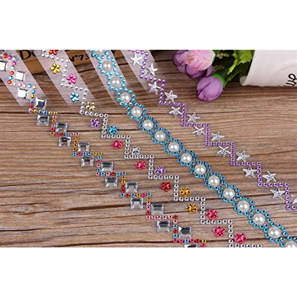 KAVI‘ S 6 Rolls Rhinestone Tape Set Glitter Self-Adhesive Beads Tapes Bling Masking Stickers for Craft, Kids, Scrapbook, DIY, Gift Wrapping (Stars Rays), 18mm