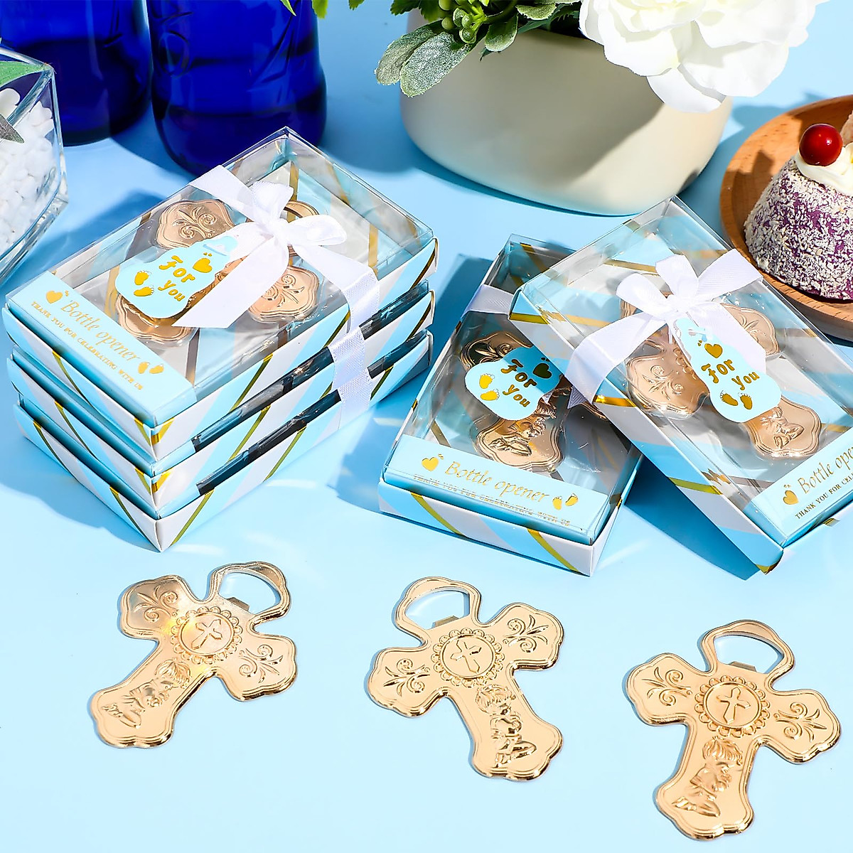 24 Pcs Baby Shower Bottle Openers Favors for Guests Praying Catholic Gender Reveal Decorations Baptism Gold Keychain Souvenir Gifts for Boys Girls Baby Shower Favors(Boy Blue)