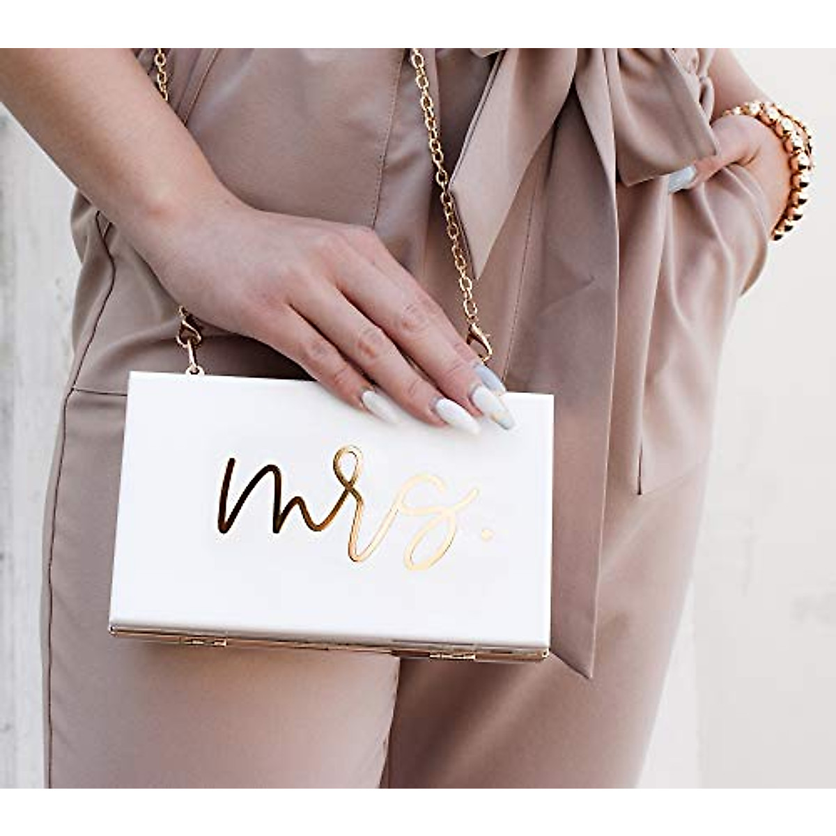 ModParty Mrs Acrylic Clutch Purse | Bridal Shower, Engagement, & Honeymoon Gift | Bride to Be Accessory | Crossbody with Removable Chain | White and Gold