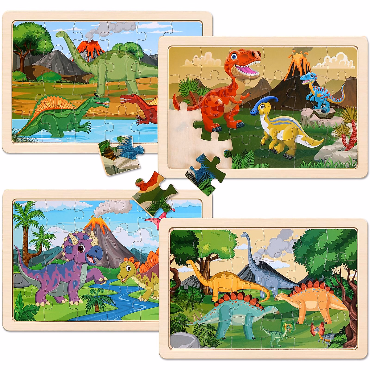 Wooden Puzzles Dinosaur Toys for Kids Ages 3-5, Set of 4 Packs with 20-Piece Wood Jigsaw Puzzles, Preschool Educational Brain Teaser Boards for Boys and Girls 3 4 5 6 Years Old