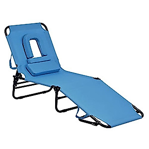 Tangkula Folding Chaise Lounge Chair with Hole for Face, Outdoor 5-Position Adjustable Reclining Beach Sunbathing Chair, Portable Face Down Tanning Chair for Patio Backyard Poolside Beach (1, Blue)