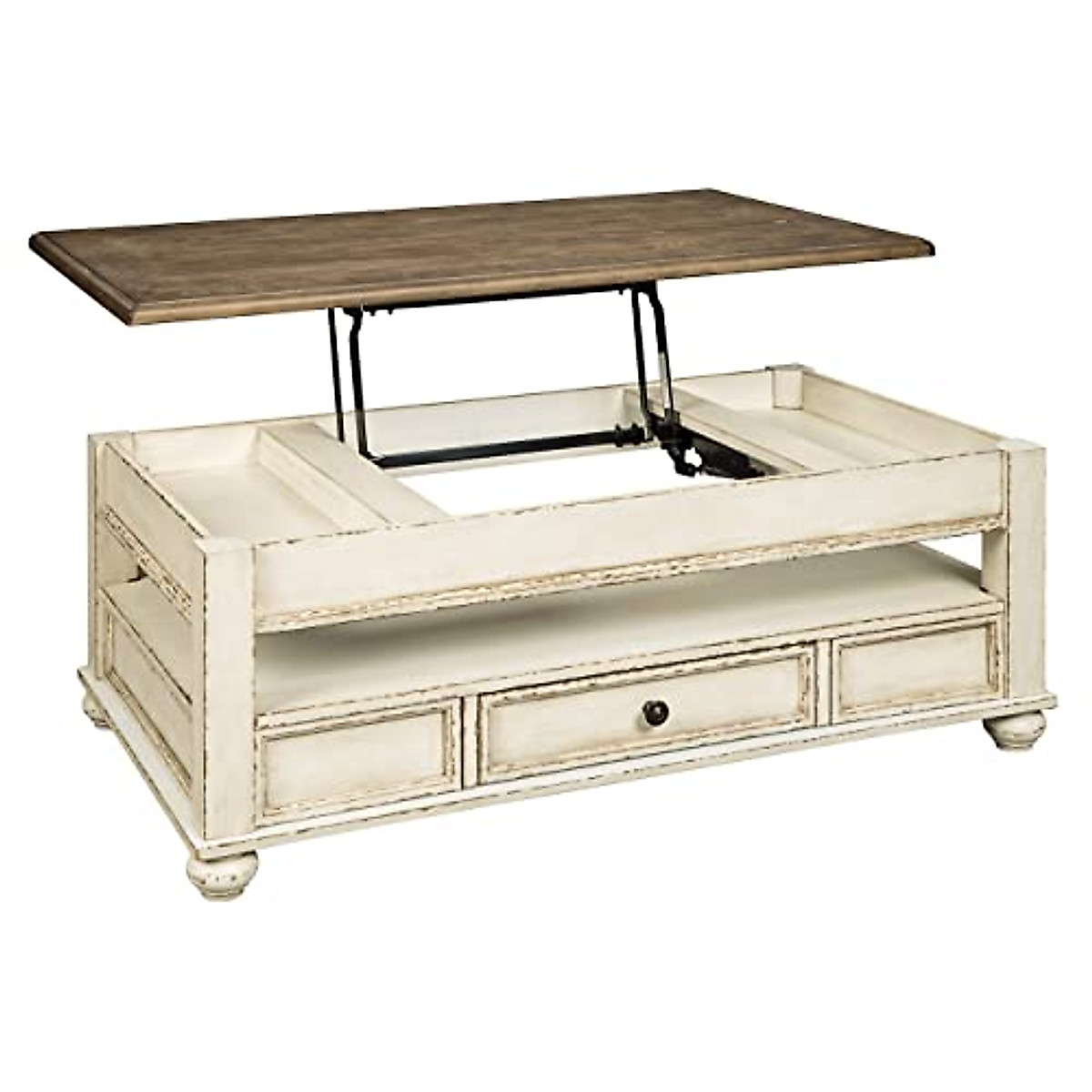 Signature Design by Ashley Realyn Vintage Farmhouse Rectangular Lift Top Coffee Table with Storage Drawer, White & Brown