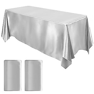 MCEAST 2 Packs Satin Tablecloth 102 x 58 Inches Rectangular Table Overlay Cover Bright Silk Tablecloth Smooth Fabric Table Decor for Wedding Banquet Table Decoration (Silver)