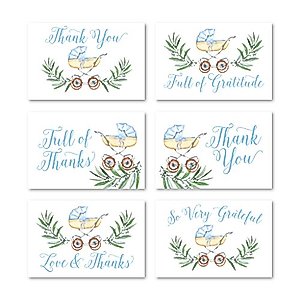 24 Blue Carriage Baby Shower Thank You Cards With Envelopes, Boy Sprinkle Thank-You Note, 4x6 Gratitude Card Gift For Guest Pack, Gender Reveal DIY So Grateful Greenery Vintage Varied Event Stationery