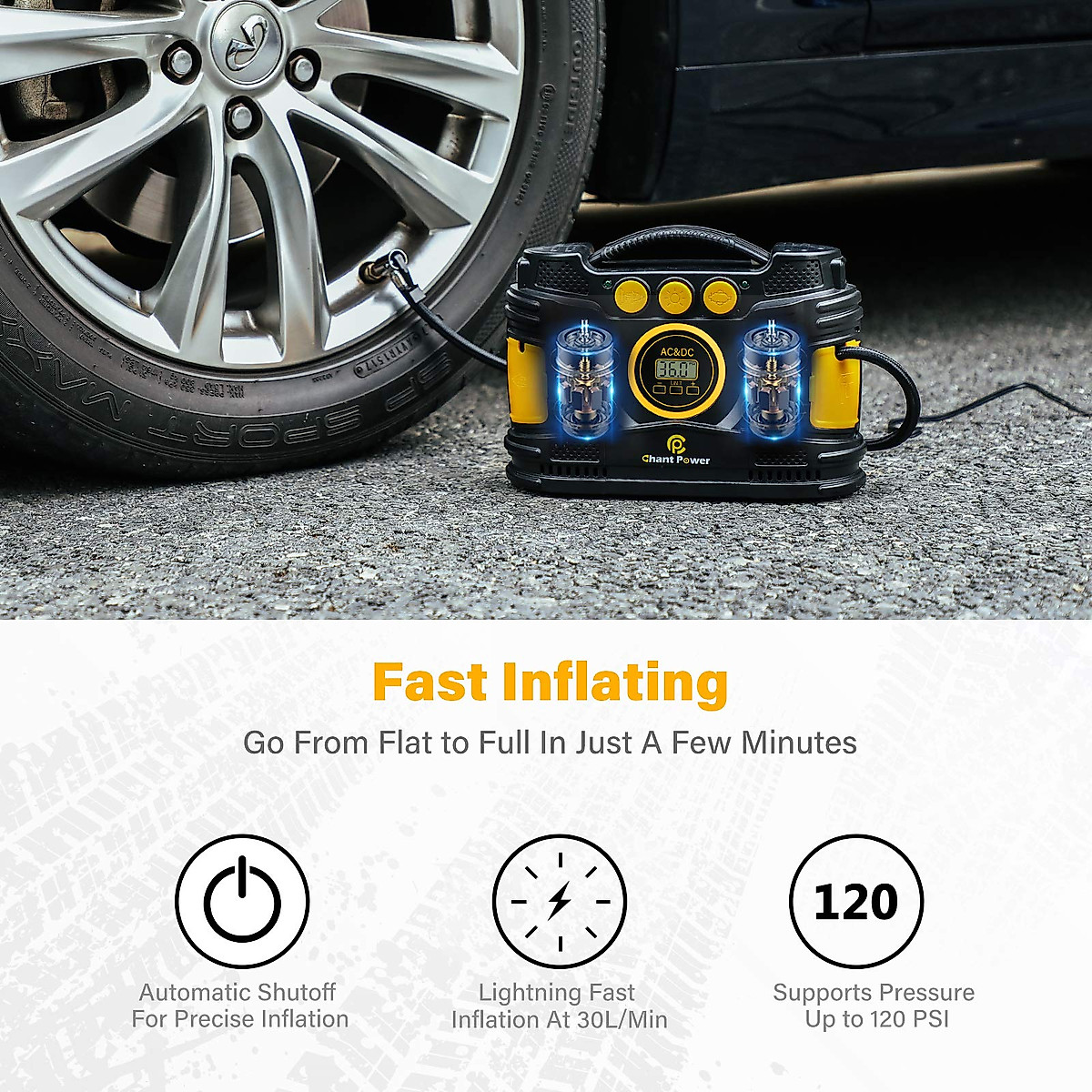 C P CHANTPOWER Air Compressor Tire Inflator, Portable 12V DC/120V AC Tire Pump Maximum120 PSI with Digital Pressure Gauge for Car Tires, Motorcycle, Bike, Balls