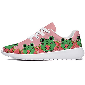 Pink Cute Strawberry Frog Sneakers for Women Girl,Personalized Lightweight Soft Tennis Running Shoes Gifts for Ladies Sister,US Size 9 Women/7.5 Men