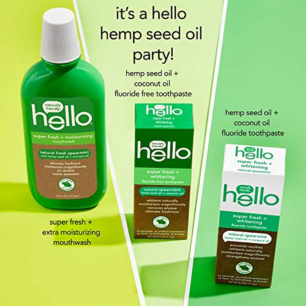 Hello Vegan Fluoride Toothpaste, Moisturizing Hemp Seed Oil + Coconut Oil, Super Fresh Family Farmed Spearmint, Naturally Whitening Toothpaste, Helps Remove Plaque, 4 Ounce