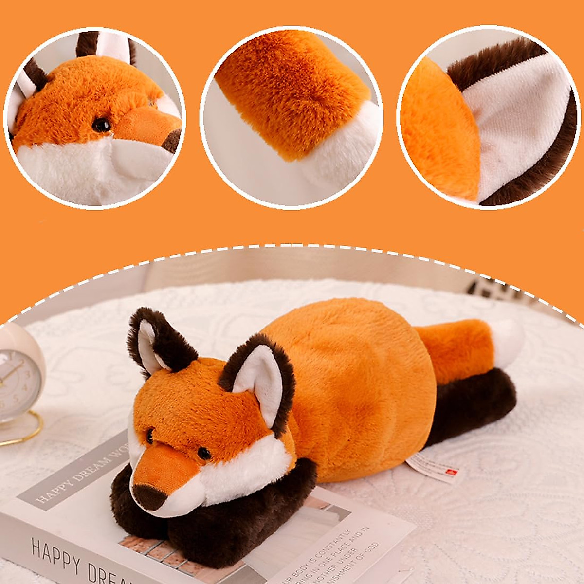 ELAINREN Furry Orange Red Fox Plush Soft Pillow, Big Lifelike Fox Stuffed Kawaii Orange Fox Plushie Animals Toy Gifts for Kids Children Boys Girls Xmas Birthday/23.6''