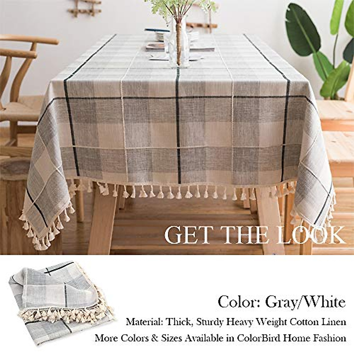 ColorBird Embroidery Checkered Tassel Tablecloth Heavy Weight Cotton Linen Plaid Dust-Proof Table Cover for Kitchen Dinning Tabletop Decoration (Rectangle/Oblong, 55 x 70 Inch, Gray/White)