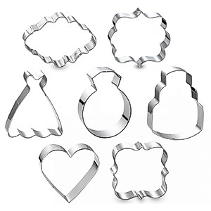 Wedding Cookie Cutter Set-7 Piece-3 Inches-Heart, Diamond Ring, Wedding Cake,Wedding Dress, Rectangle, Square and Oval Plaque Cookie Cutters Molds for Bridal Shower Engagement