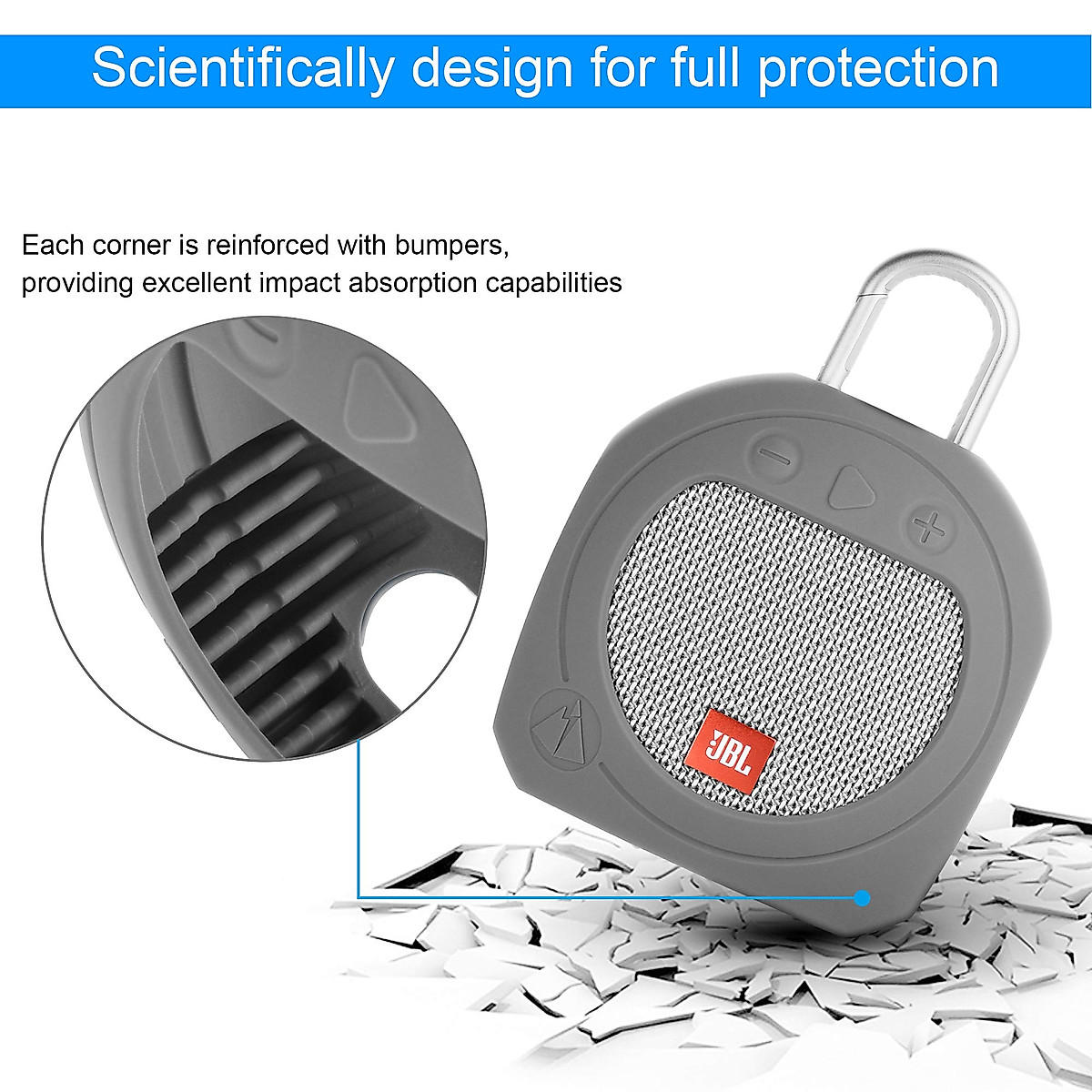 TXEsign Protective Silicone Stand Up Carrying Case for JBL Clip 3 Waterproof Portable Bluetooth Speaker (Light Grey)