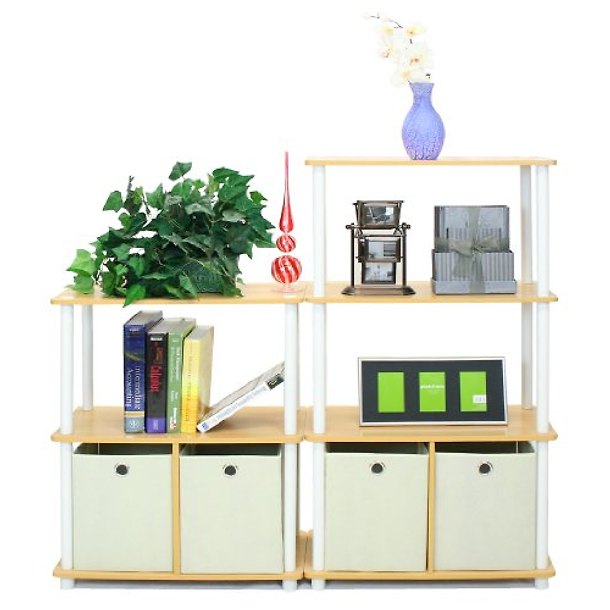 Furinno 99152BE/WH/IV 3-Tier Go Green Multipurpose Storage Rack Shelving Unit Bookshelf Cabinet with 2 Bins, Beech Finish