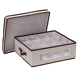 Household Essentials 538 Vision China Storage Box for Tea Cups and Mugs with Lid and Handles | Natural Canvas with Brown Trim