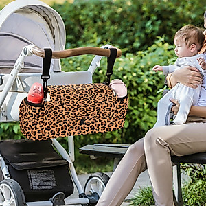 BOENLE Universal Baby Stroller Organizer with Two Insulated Cup Holders Brown Leopard Print Detachable Zipper Bag,Large Capacity for Baby Essentials