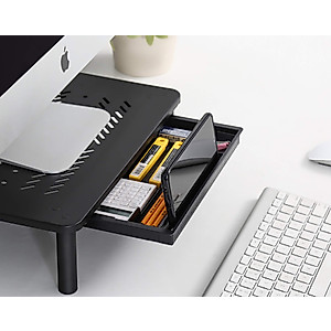 FITUEYES Monitor Stand with Drawer - Adjustable Computer Monitor Riser, Metal Desktop Stand for PC Cellphone Cable Management, Printer Display with Vented, Office Organization, Black, 2PACK