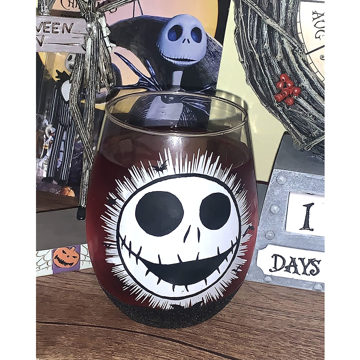 Disney Tim Burton’s The Nightmare Before Christmas Jack Skellington Face 20 Ounce Stemless Wine Glass with Glitter Base - Official Kitchen Collectible Novelty Drinkware Gifts