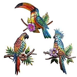 J-Fly Metal Parrot Wall Decor Tropical Outdoor Wall Decor Parrot Outdoor Metal Wall Art Metal Bird Wall Decor Outdoor Toucans Decor Patio Wall Fence Garden Home Kitchen Decor 11 Inch