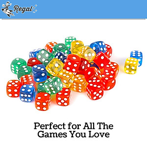 Regal Games 6-Sided Translucent 16mm Dice Set - Playing Colored Set of Dice - Square Dice for Classroom or Family Game Night - 50 Dice