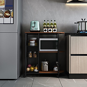 Microwave cart with Storage, Kitchen Microwave Serving Stand Carts with 4 Storage Shelf, Metal Coffee Bar on 4 Wheels and 3 wire baskets for Spice Rack Organizer Workstation, Easy assemble, 33 inch