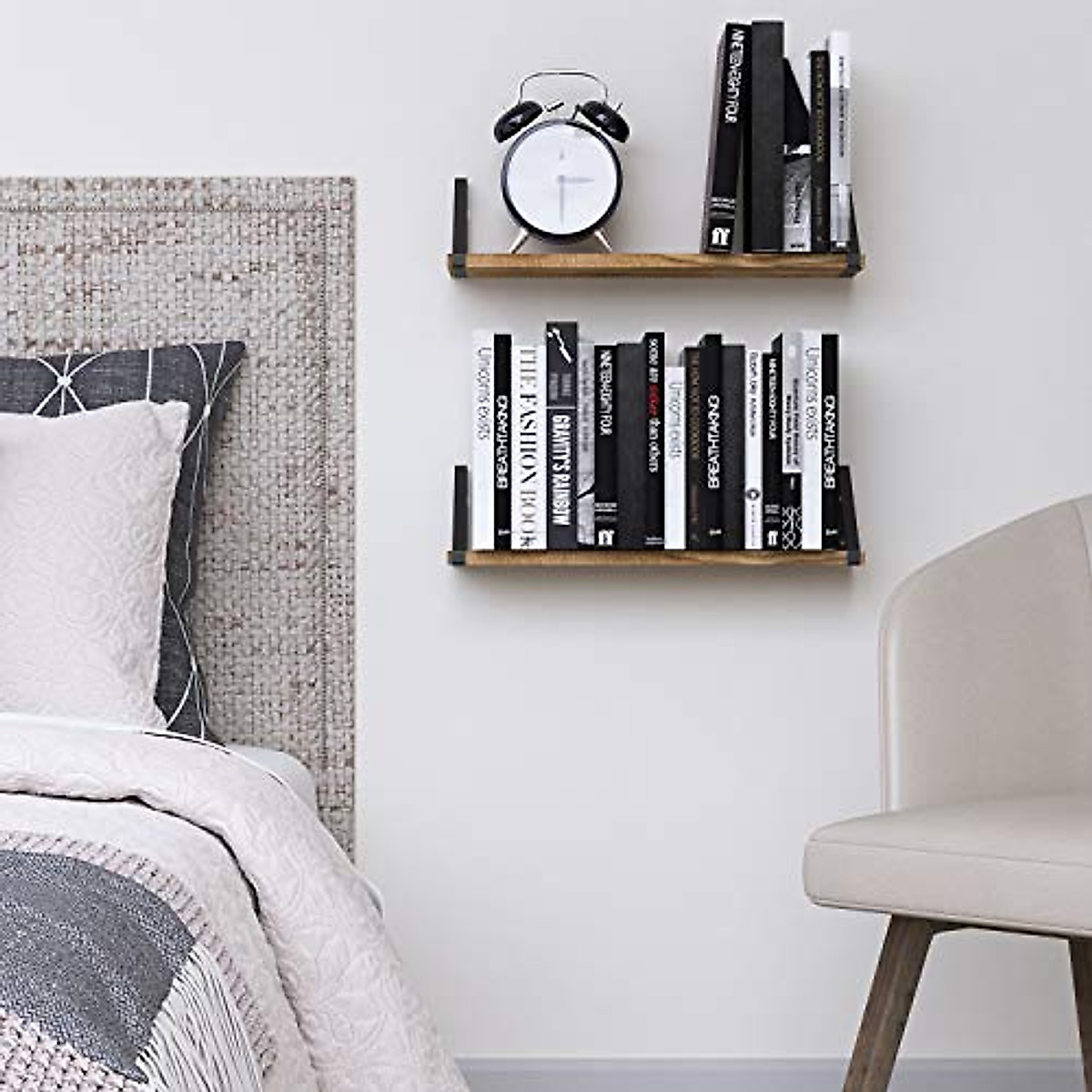 Wallniture Floating Shelves Bathroom Storage Wall Mount Home Decor Bedroom Kitchen Laundry Room Organizer with Black Brackets and Natural Burned Rustic Wood Shelves Set of 2