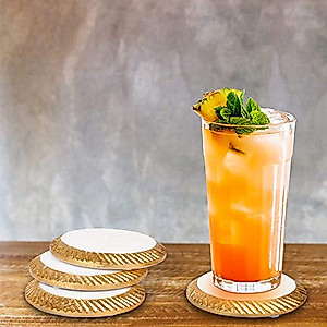 Bezrat Marble Coasters for Drinks - Set of 4 - Round - Modern Gold Edge Stone Coaster - Tabletop Protection - 4 Inch