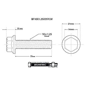 (10pcs) BelMetric M10X1.25X35mm JIS Hex Head Flange Bolt 14mm Wrench, Class 10.9 Plated Yellow Zinc for Automobile, Motorcycle, and Mechanical Applications BF10X1.25X35YLW