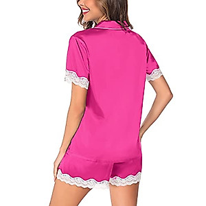 SWOMOG Women's Silk Lace Pajama Sets Satin Button Down Pjs Lace Shorts 2 Pcs Sleepwear Bridal Party Lounge Set with Pockets Red Rose