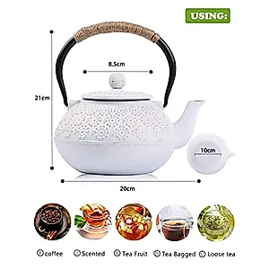 Sotya Cast Iron Teapot, 40oz/1200ml Japanese Tetsubin Tea Pot with Infuser for Loose Leaf and Tea Bags, Tea Kettle Coated with Enameled Interior for Stove Top, White